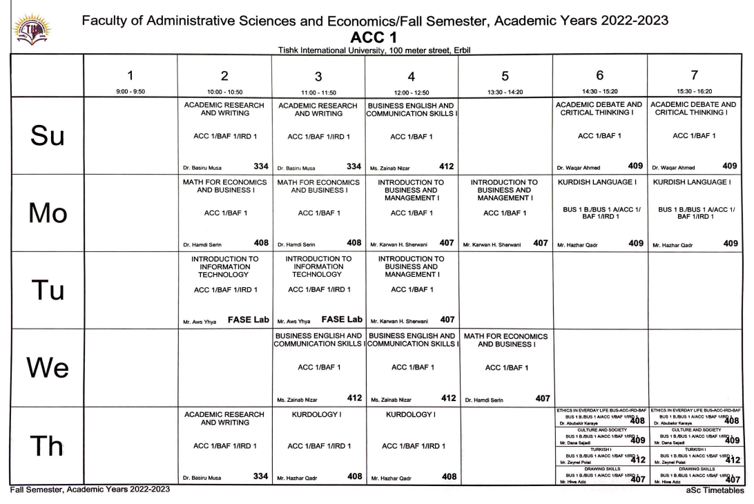 Weekly Classes Timetable - TIU