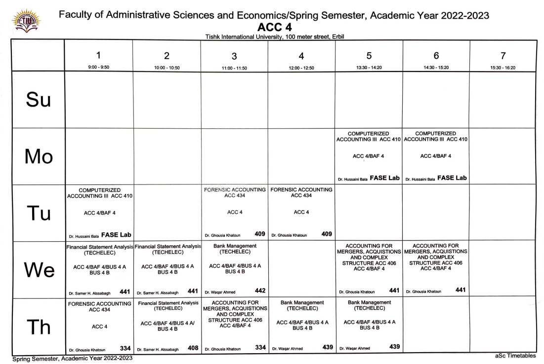 Weekly Classes Timetable - TIU