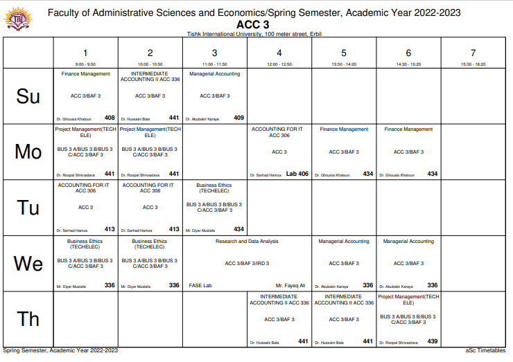 Weekly Classes Timetable - TIU