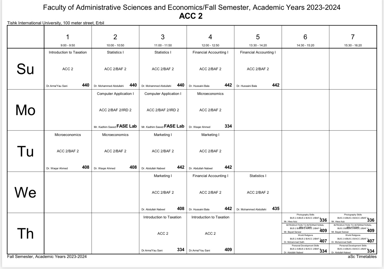 Weekly Classes Timetable | TIU