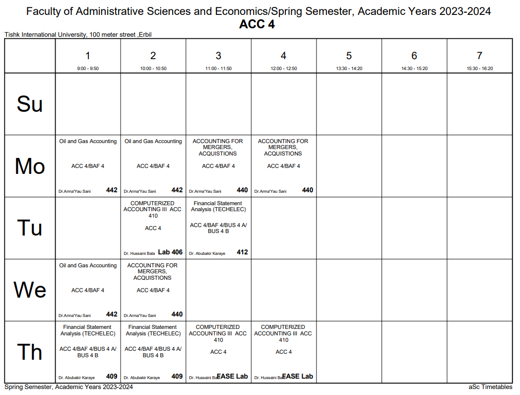Weekly Classes Timetable | TIU